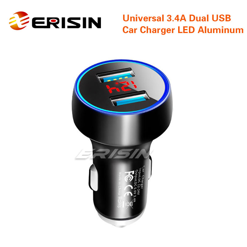 Erisin ES054 Portable 3.4A Car Charger Dual USB LED 5V Al Alloy For ...